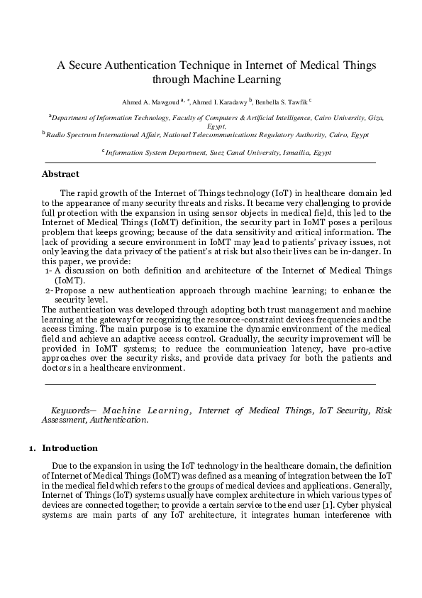 Pdf A Secure Authentication Technique In Internet Of Medical Things Through Machine Learning