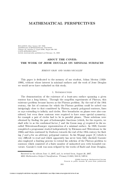 (PDF) About the cover: The work of Jesse Douglas on minimal surfaces