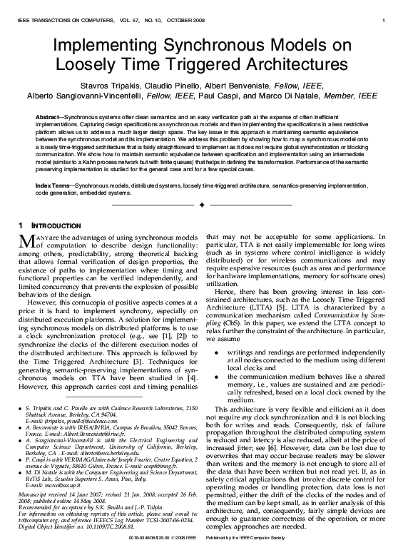 Pdf Implementing Synchronous Models On Loosely Time Triggered
