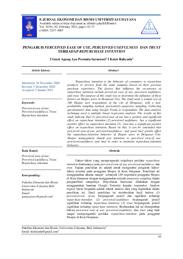 (PDF) Pengaruh Perceived Ease of Use, Perceived Usefulness Dan Trust Terhadap Repurchase Intention