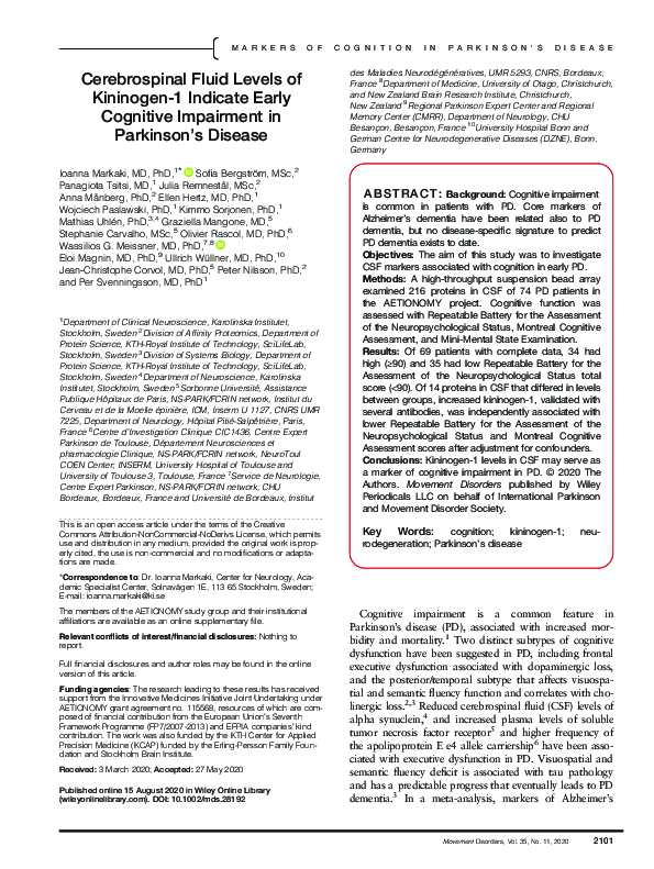 (PDF) Cerebrospinal Fluid Levels of Kininogen‐1 Indicate Early ...