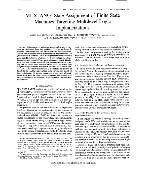 (PDF) MUSTANG: state assignment of finite state machines targeting multilevel logic implementations