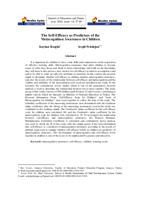 (PDF) The Self-Efficacy as Predictors of the Metacognition Skills in ...