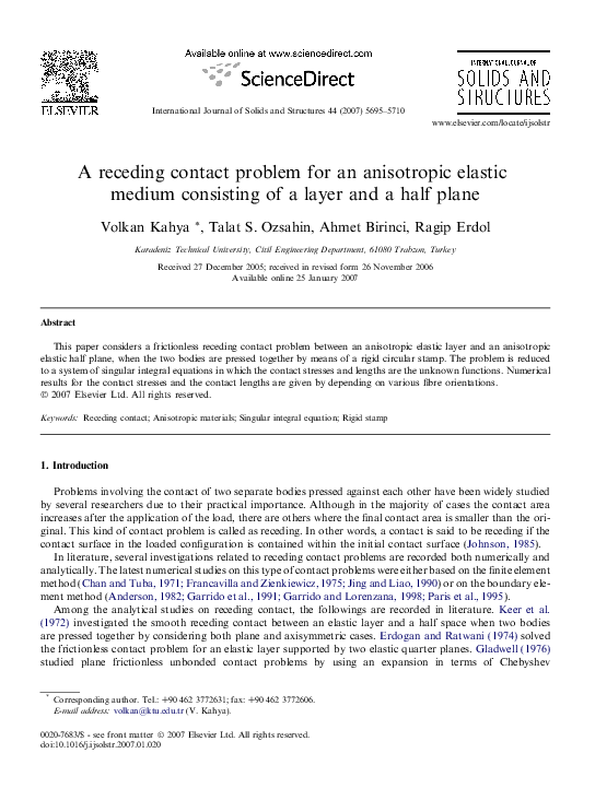 (PDF) A receding contact problem for an anisotropic elastic medium consisting of a layer and a ...
