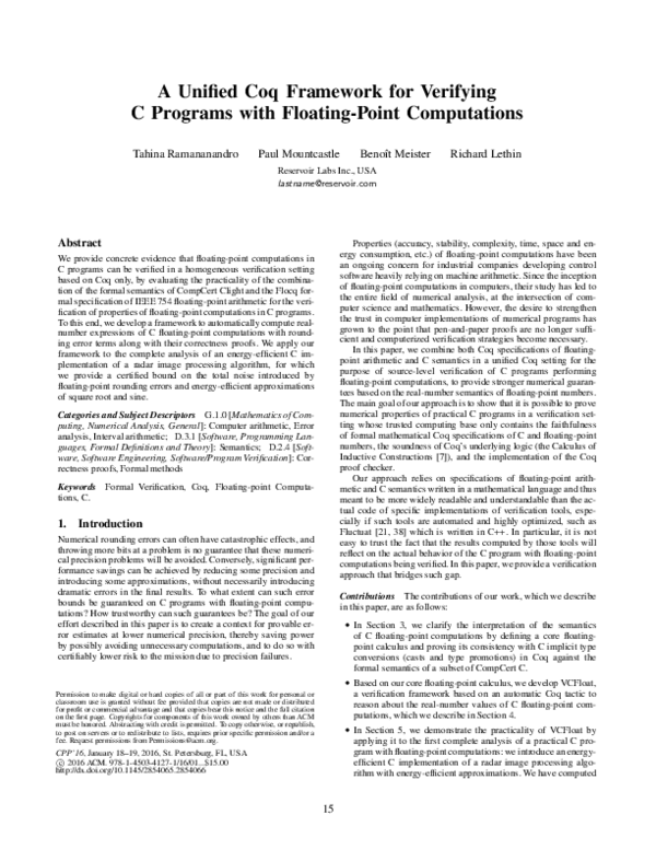 Pdf A Unified Coq Framework For Verifying C Programs With Floating
