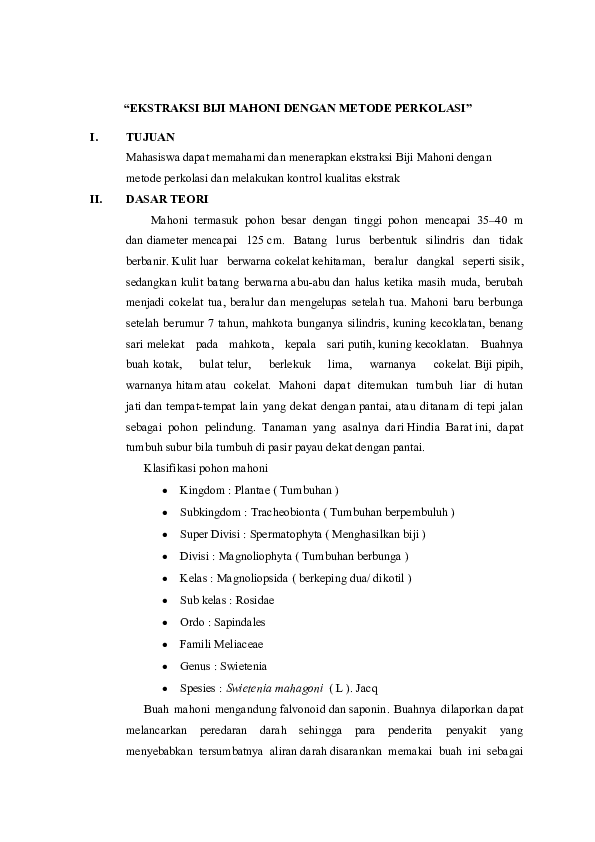 (DOC) "EKSTRAKSI BIJI MAHONI DENGAN METODE PERKOLASI"
