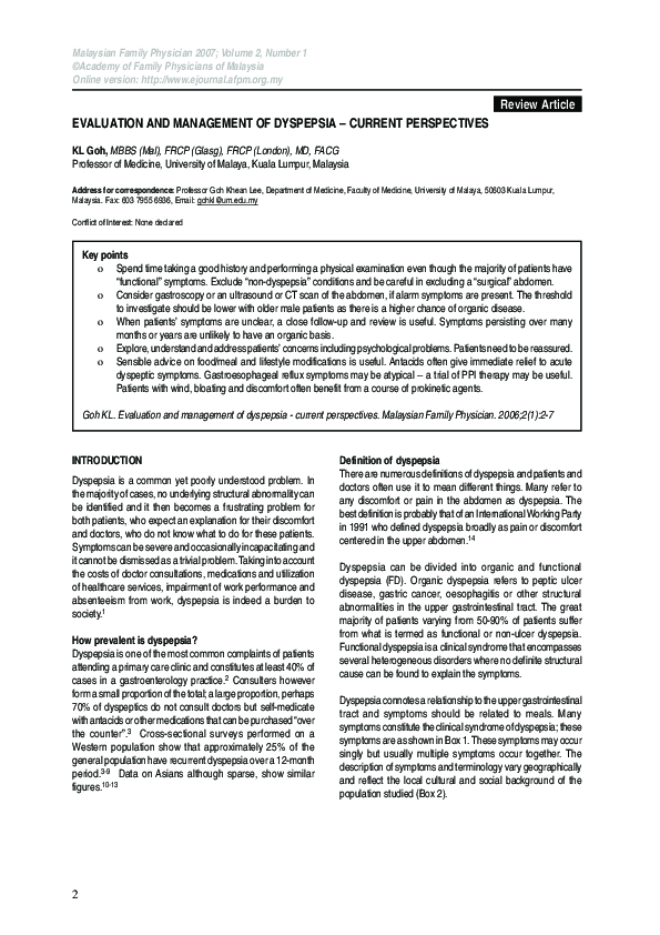 (PDF) Evaluation and management of dyspepsia - current perspectives
