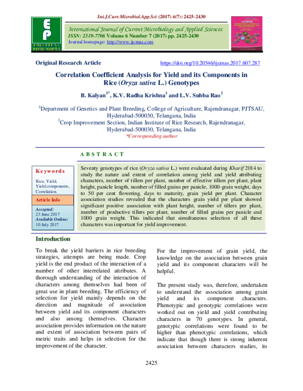 Pdf Correlation Coefficient Analysis For Yield And Its Components In