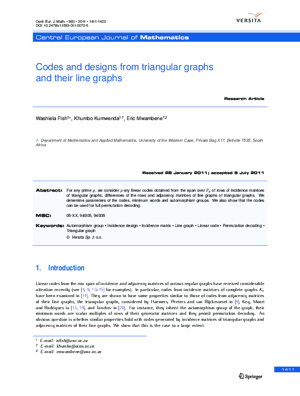 (PDF) Codes and designs from triangular graphs and their line graphs | Eric Mwambene - Academia.edu