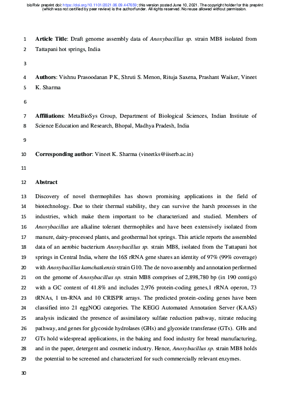 (PDF) Draft genome assembly data of Anoxybacillus sp. strain MB8 ...