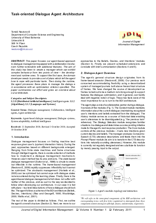 (PDF) Task-oriented Dialogue Agent Architecture