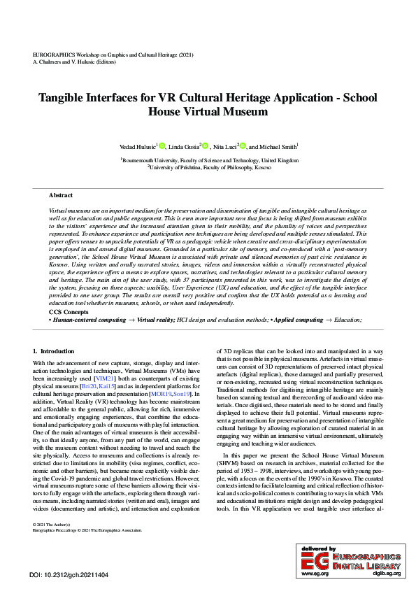 (PDF) Tangible Interfaces for VR Cultural Heritage Application - School ...