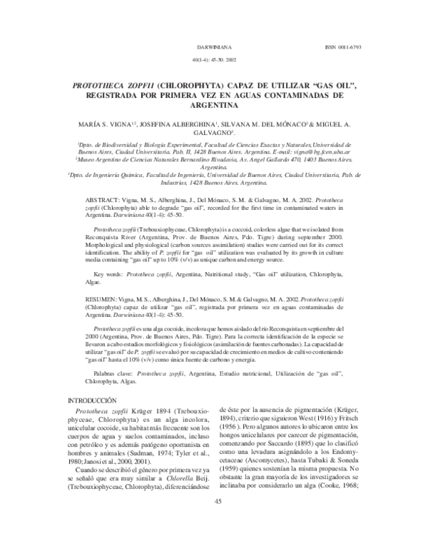 (PDF) Prototheca Zopfii (Chlorophyta) Capaz De Utilizar “Gas Oil”, Registrada Por Primera Vez en ...