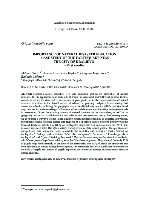 (PDF) Importance of natural disaster education - case study of the ...
