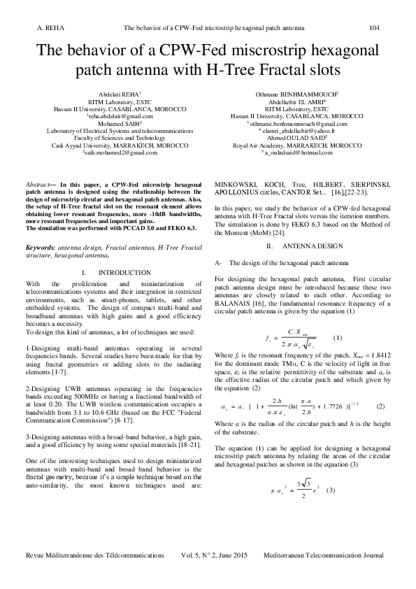 Pdf The Behavior Of A Cpw Fed Microstrip Hexagonal Patch Antenna 104 The Behavior Of A Cpw Fed