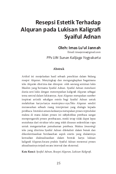 (PDF) Resepsi Estetik Terhadap Alquran pada Lukisan Kaligrafi Syaiful Adnan