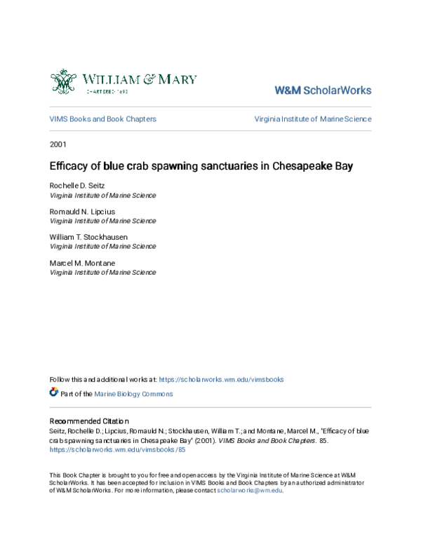 (PDF) Efficacy of blue crab spawning sanctuaries in Chesapeake Bay