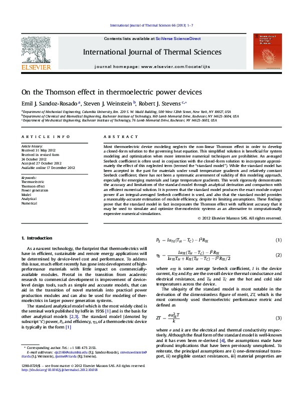 (PDF) On the Thomson effect in thermoelectric power devices