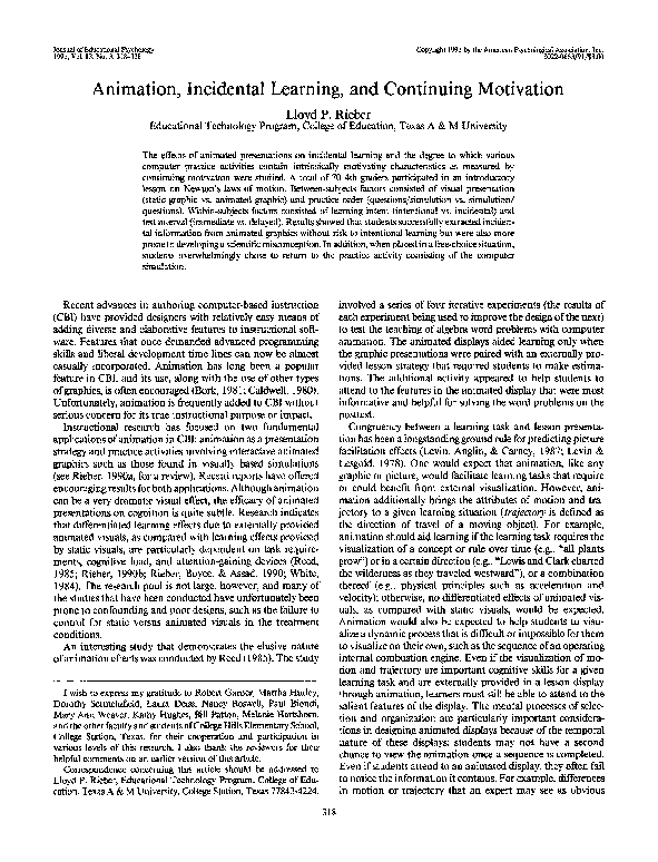 (PDF) Animation, incidental learning, and continuing motivation