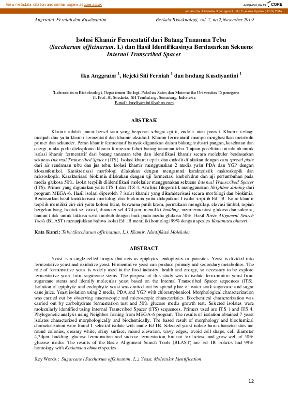 (PDF) Isolasi Khamir Fermentatif dari Batang Tanaman Tebu (Saccharum ...