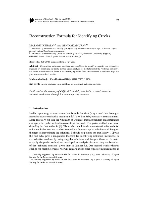 (PDF) Reconstruction Formula for Identifying Cracks