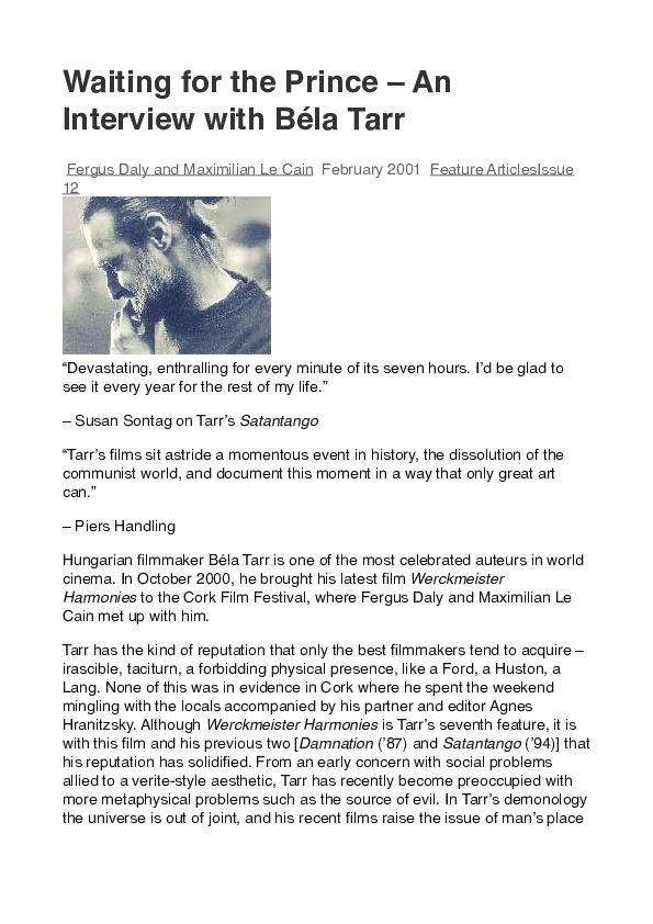 (PDF) Waiting for the Prince -An Interview with Béla Tarr (Fergus Daly ...
