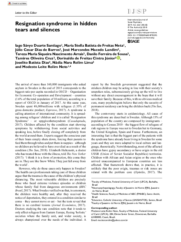 (PDF) Resignation syndrome in hidden tears and silences