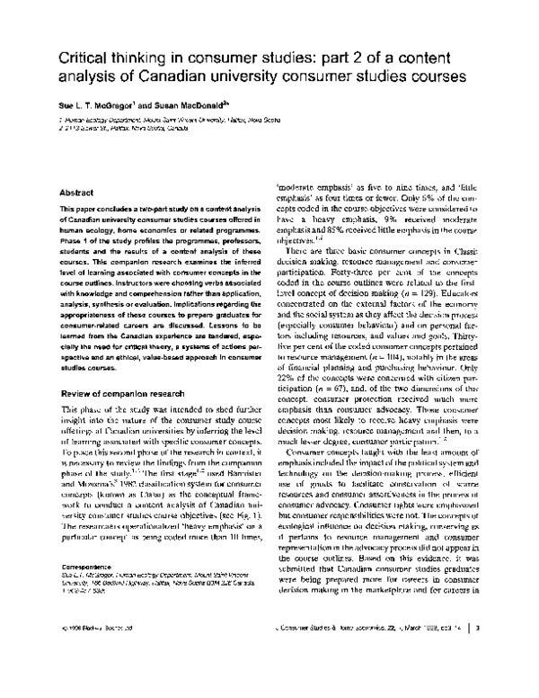(PDF) Critical thinking in consumer studies: part 2 of a content ...