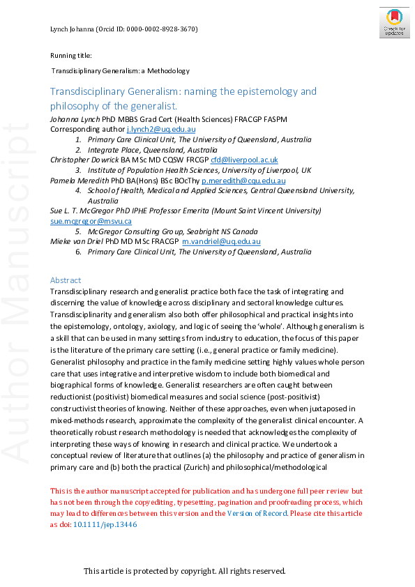 (PDF) Transdisciplinary Generalism: Naming the epistemology and ...