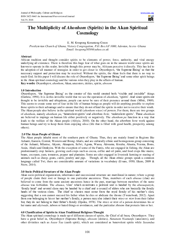 (PDF) The Multiplicity of Ahonhom (Spirits) in the Akan Spiritual Cosmology