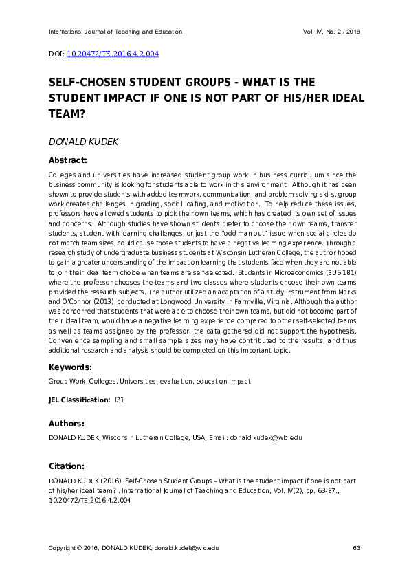 (PDF) Self-Chosen Student Groups - What is the Student Impact If One is ...