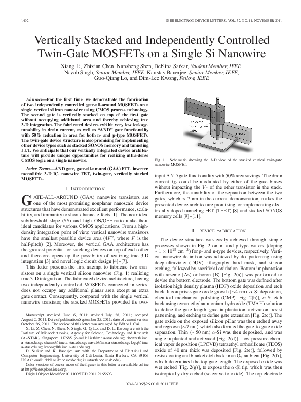 (PDF) Vertically Stacked and Independently Controlled Twin-Gate MOSFETs on a Single Si Nanowire