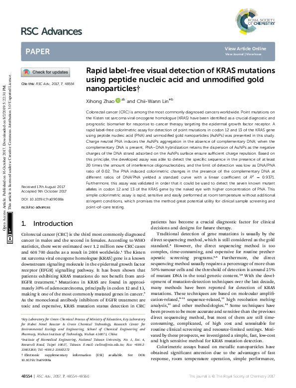 (PDF) Rapid label-free visual detection of KRAS mutations using peptide nucleic acid and ...