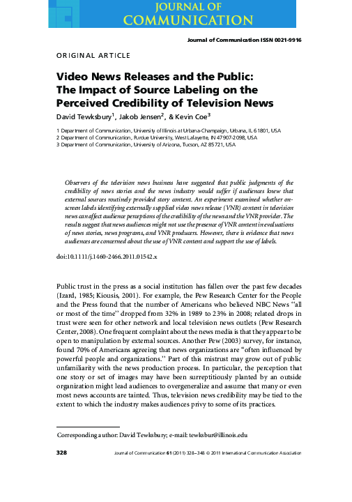 (PDF) Video News Releases and the Public: The Impact of Source Labeling ...