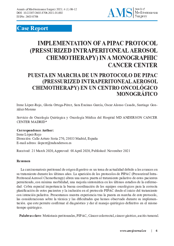 (PDF) Implementación de un protocolo PIPAC (Quimioterapia en aerosol ...
