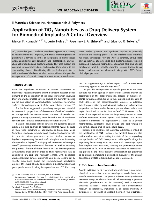 (PDF) Application of TiO2 Nanotubes as a Drug Delivery System for ...