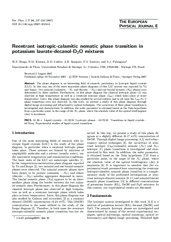 (PDF) Reentrant isotropic-calamitic nematic phase transition in ...