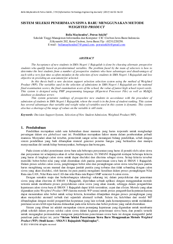 (PDF) Sistem Seleksi Penerimaan Siswa Baru Menggunakan Metode Weighted Product