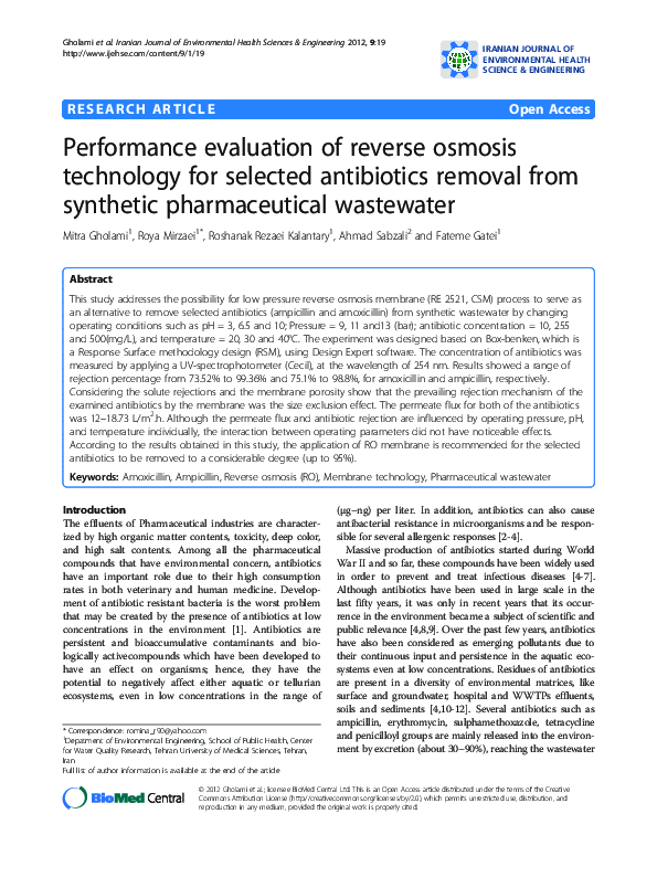 (PDF) Performance evaluation of reverse osmosis technology for selected ...