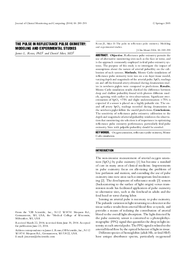 (PDF) The pulse in reflectance pulse oximetry: Modeling and ...