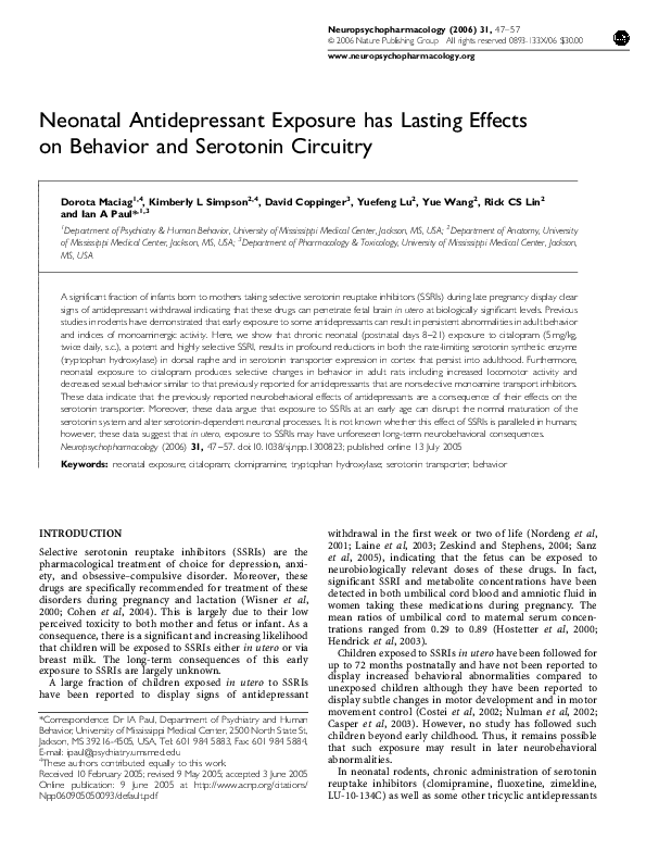 (PDF) Neonatal SSRI Exposure Alters Behavior Long-term