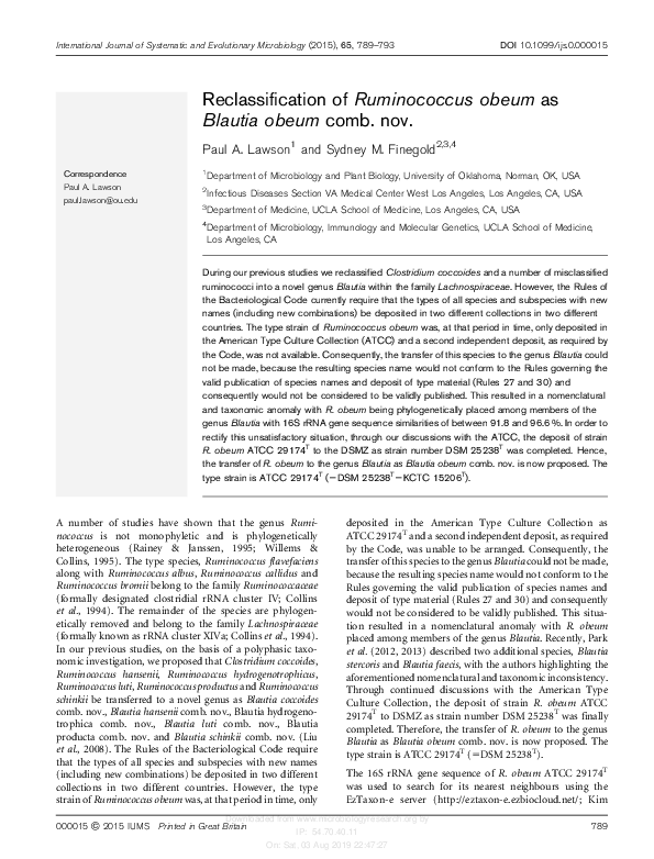 (PDF) Reclassification of Ruminococcus obeum as Blautia obeum comb. nov
