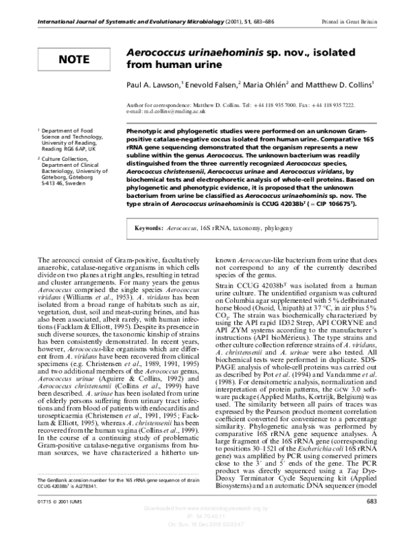 (PDF) Aerococcus urinaehominis sp. nov., isolated from human urine