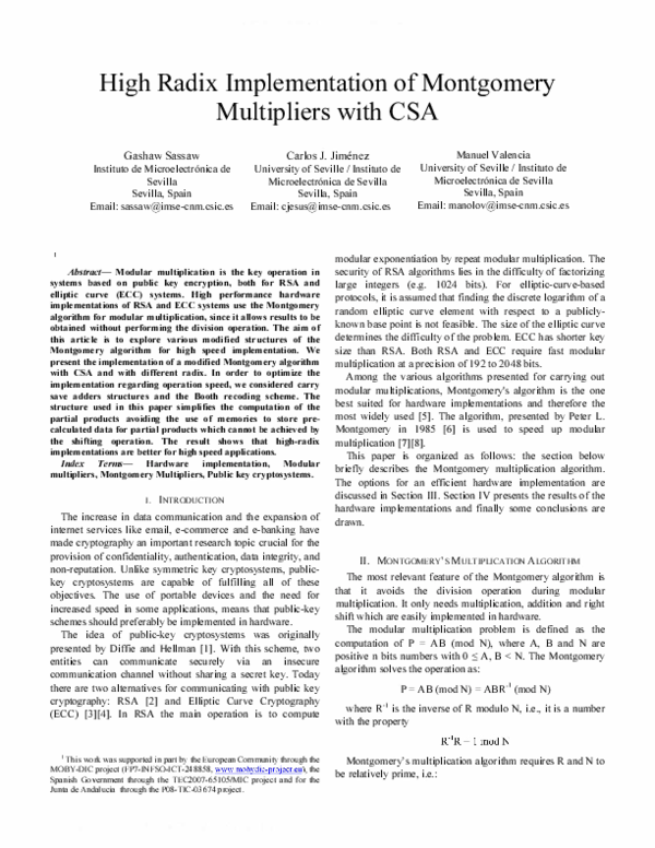 (PDF) High radix implementation of Montgomery multipliers with CSA