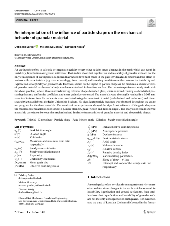 (PDF) An interpretation of the influence of particle shape on the mechanical behavior of ...