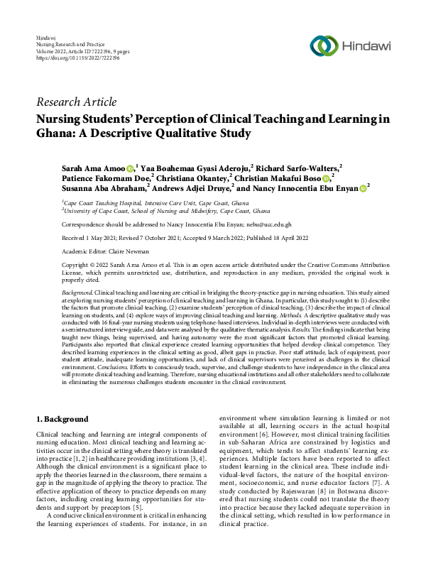 (PDF) Nursing Students’ Perception of Clinical Teaching and Learning in Ghana: A Descriptive ...