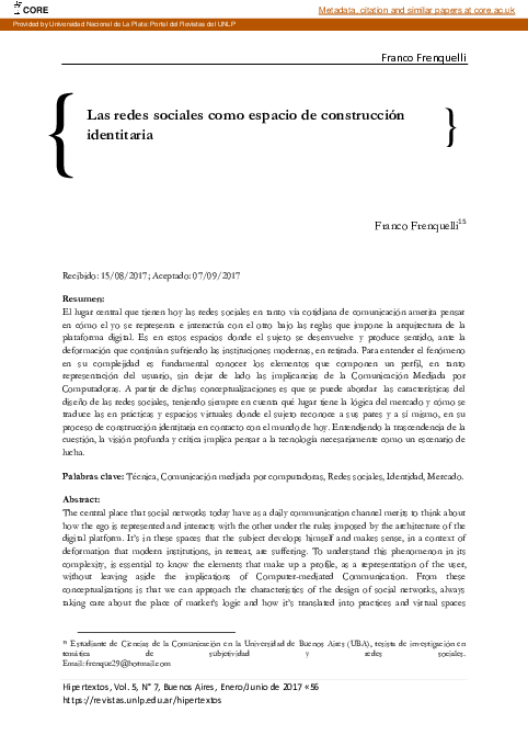(PDF) Las redes sociales como espacio de construcción identitaria