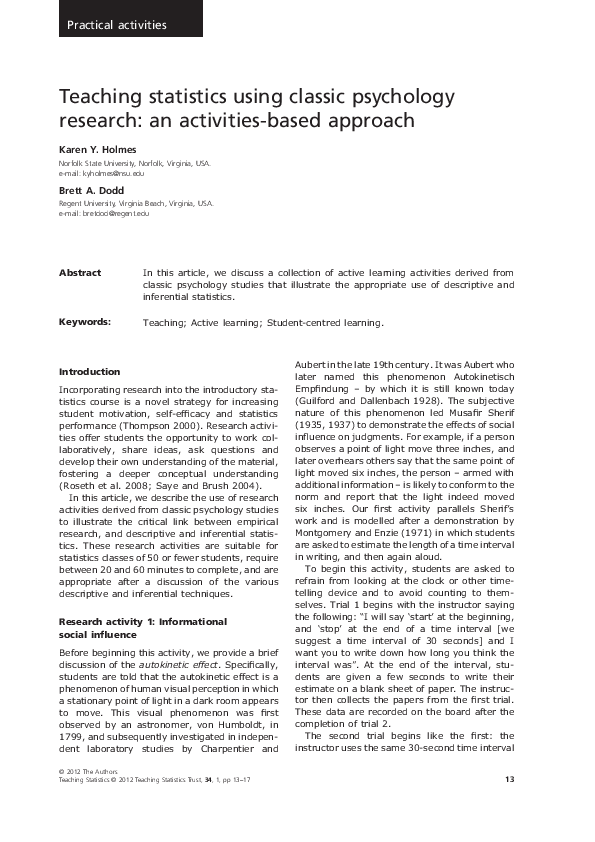 (PDF) Teaching statistics using classic psychology research: an ...
