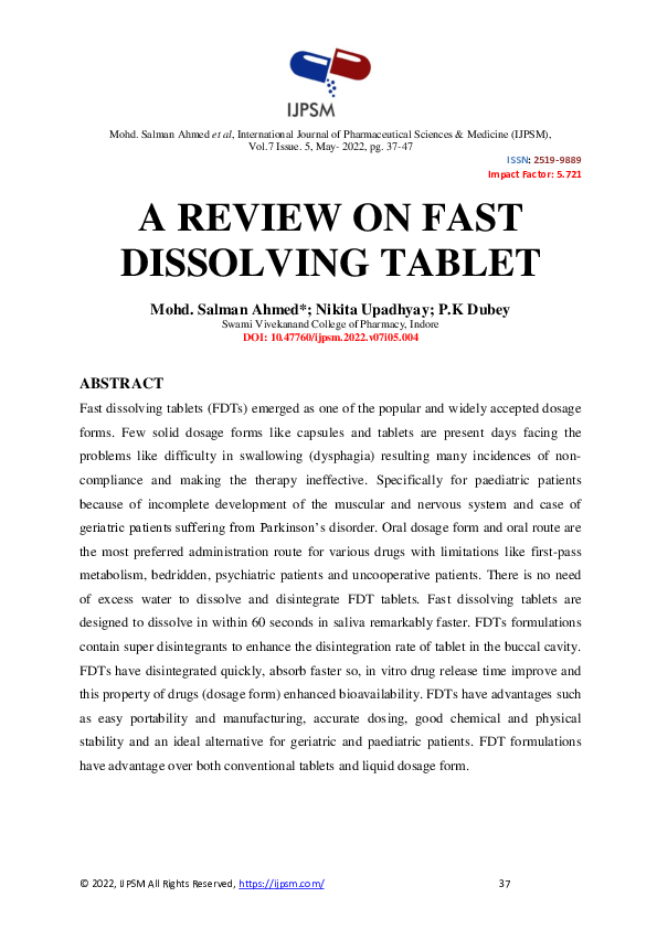 (PDF) A REVIEW ON FAST DISSOLVING TABLET
