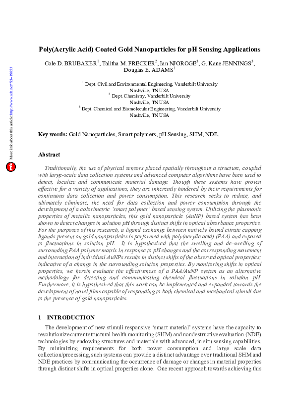 (PDF) Poly ( Acrylic Acid ) Coated Gold Nanoparticles for pH Sensing ...